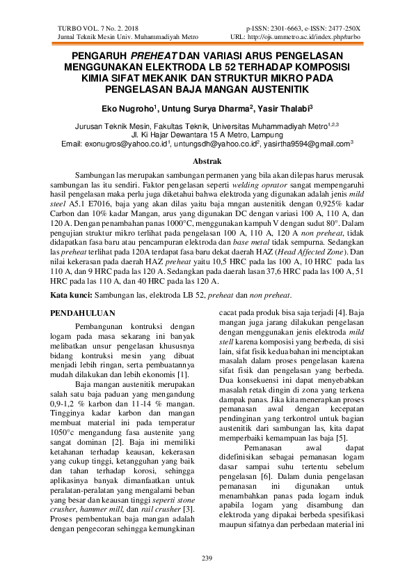 (PDF) Pengaruh Preheat Dan Variasi Arus Pengelasan Menggunakanelektroda LB52 Terhadap Komposisi ...
