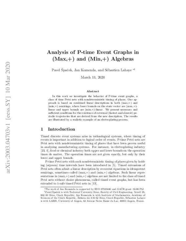 (PDF) Analysis of P-time Event Graphs in (Max, +) and (Min, +) Algebras