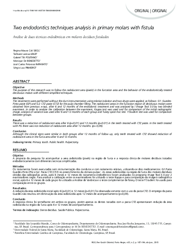 (PDF) Two endodontics techniques analysis in primary molars with fistula