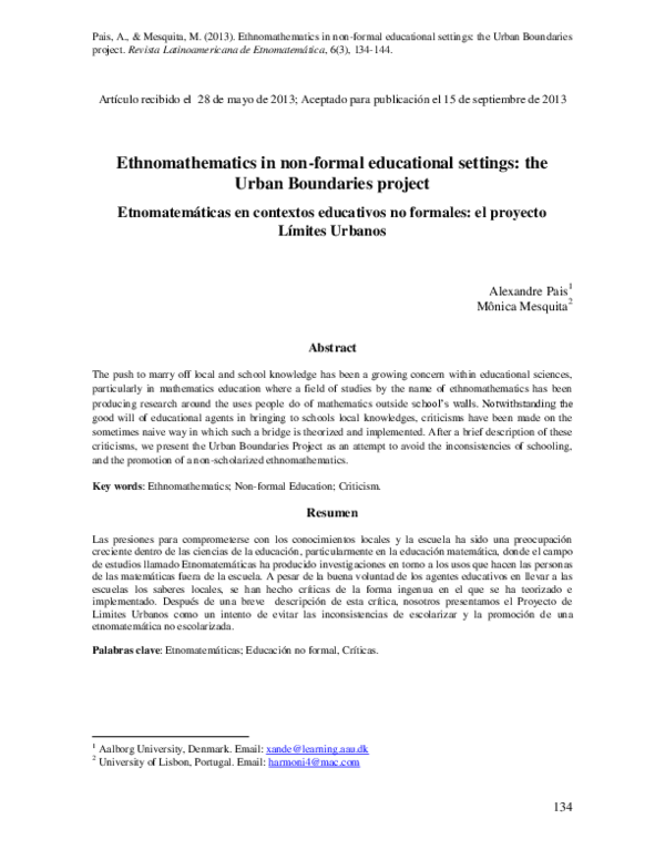 (PDF) Ethnomathematics in non-formal educational settings: the Urban ...