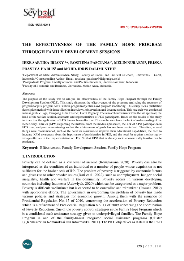 (PDF) The Effectiveness of the Family Hope Program Through Family Development Sessions