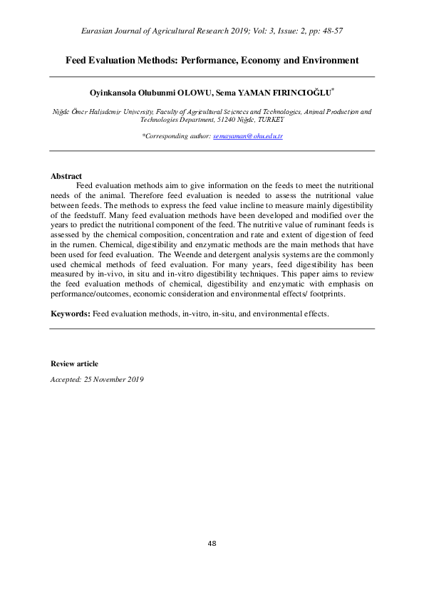 (PDF) Feed Evaluation Methods: Performance, Economy and Environment