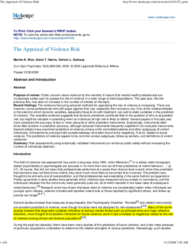 (PDF) The appraisal of violence risk