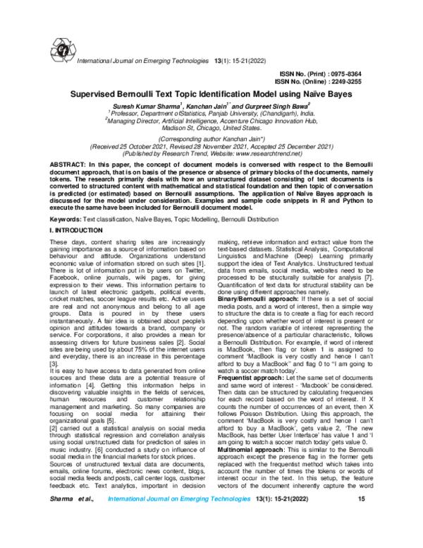 (PDF) Supervised Bernoulli Text Topic Identification Model using Naïve Bayes