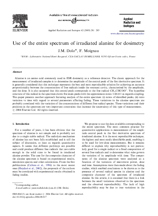 (PDF) Use of the entire spectrum of irradiated alanine for dosimetry