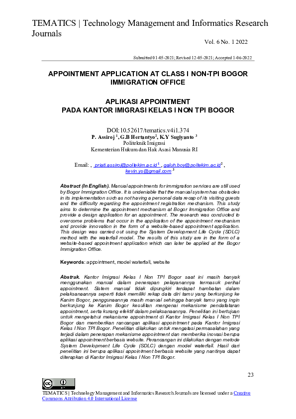 (PDF) Appointment Application at Class I Non-Tpi Bogor Immigration Office