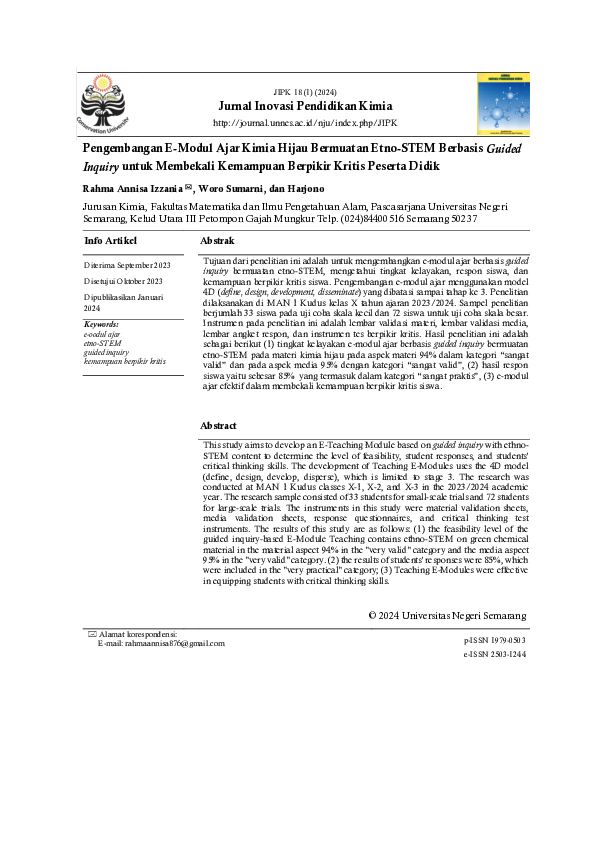 (PDF) Pengembangan E-Modul Ajar Kimia Hijau Bermuatan Etno-STEM Berbasis Guided Inquiry untuk ...