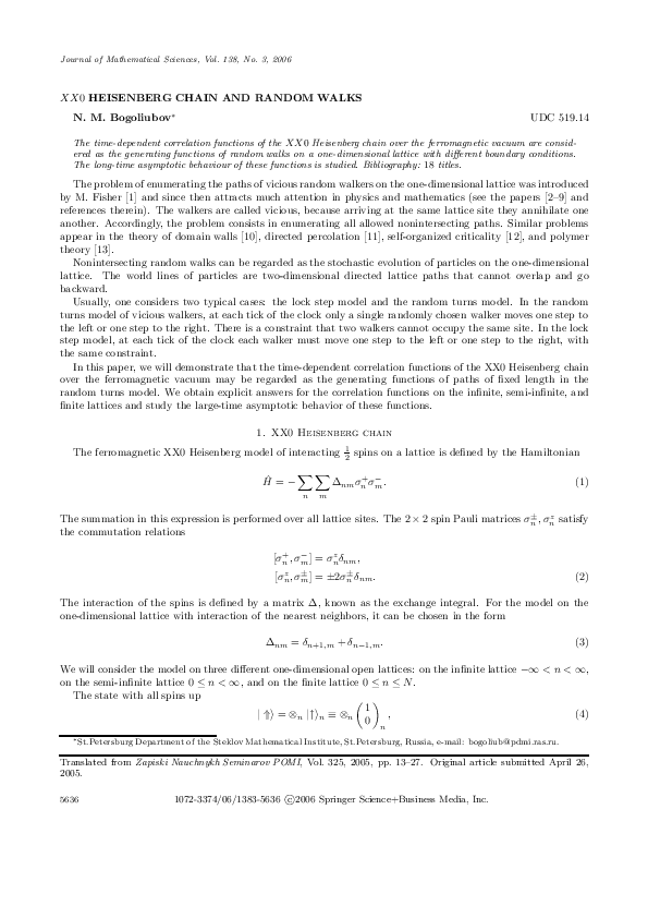 (PDF) XX0 Heisenberg chain and random walks | Nikolay Bogoliubov - Academia.edu