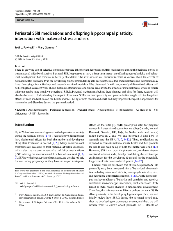 Pdf Perinatal Ssri Medications And Offspring Hippocampal Plasticity 8750
