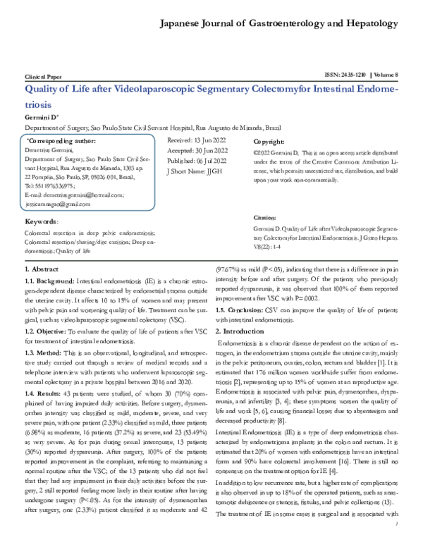 (PDF) Quality of Life after Videolaparoscopic Segmentary Colectomyfor ...
