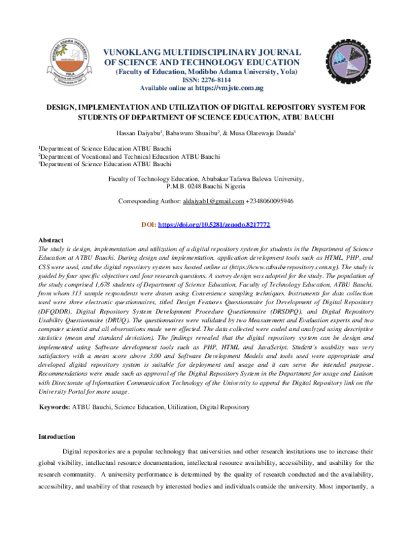 (PDF) Design, Implementation and Utilization of Digital Repository System for Students of ...