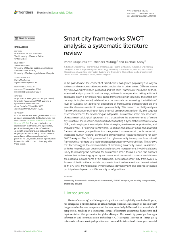 (PDF) Smart city frameworks SWOT analysis: a systematic literature review