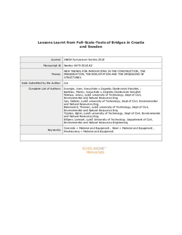 (PDF) Lessons Learnt from Full-Scale Tests of Bridges in Croatia and Sweden