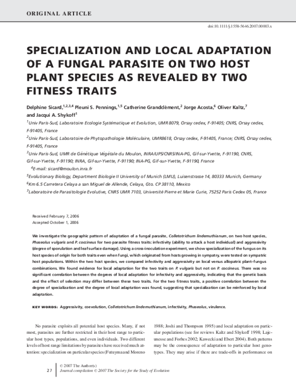 (PDF) Specialization and Local Adaptation of a Fungal Parasite on Two ...