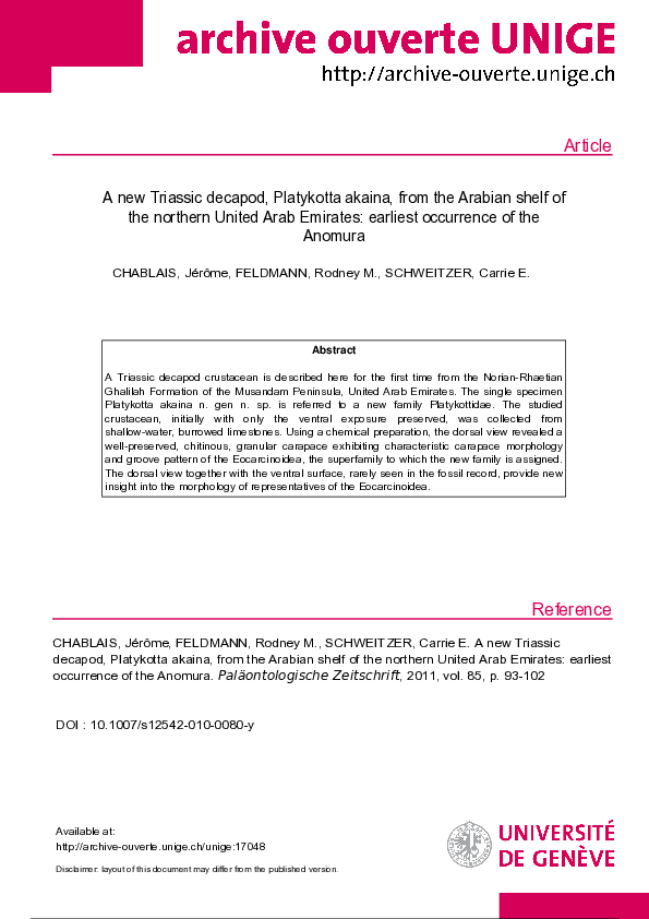 (PDF) A new Triassic decapod, Platykotta akaina, from the Arabian shelf ...