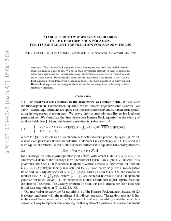 (PDF) Stability of homogeneous equilibria of the Hartree-Fock equation, for its equivalent ...