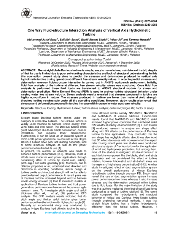(PDF) One Way Fluid-structure Interaction Analysis of Vertical Axis Hydrokinetic Turbine