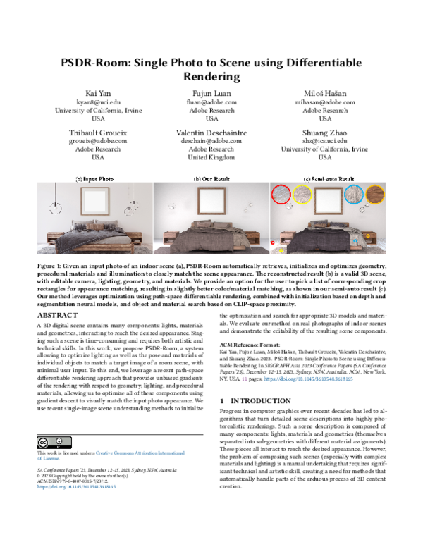 (PDF) PSDR-Room: Single Photo to Scene using Differentiable Rendering