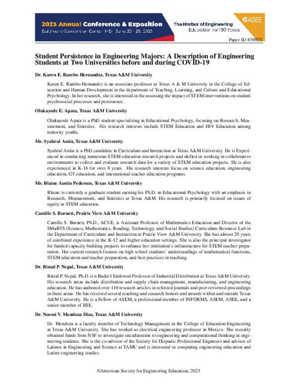 (PDF) Student Persistence in Engineering Majors: A Description of Engineering Students at Two ...