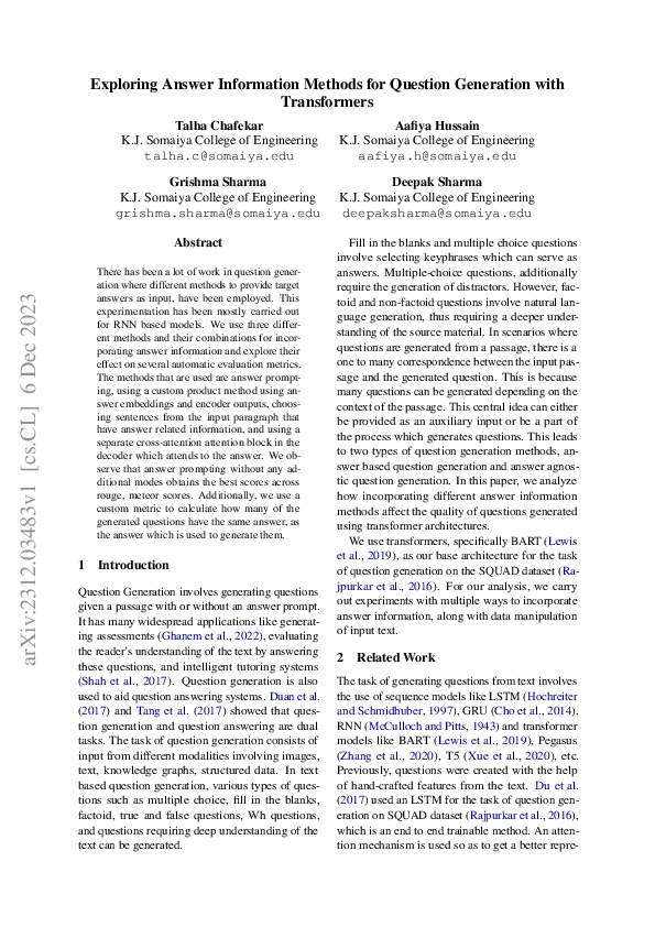(PDF) Exploring Answer Information Methods for Question Generation with Transformers | GRISHMA ...