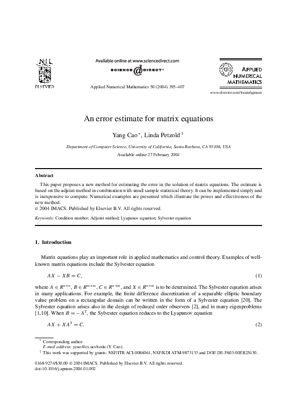 (PDF) An error estimate for matrix equations