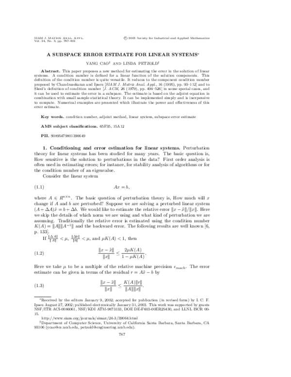 (PDF) A Subspace Error Estimate for Linear Systems