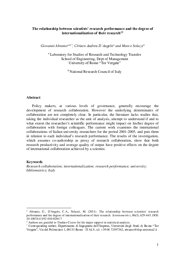 (PDF) The relationship between scientists’ research performance and the ...