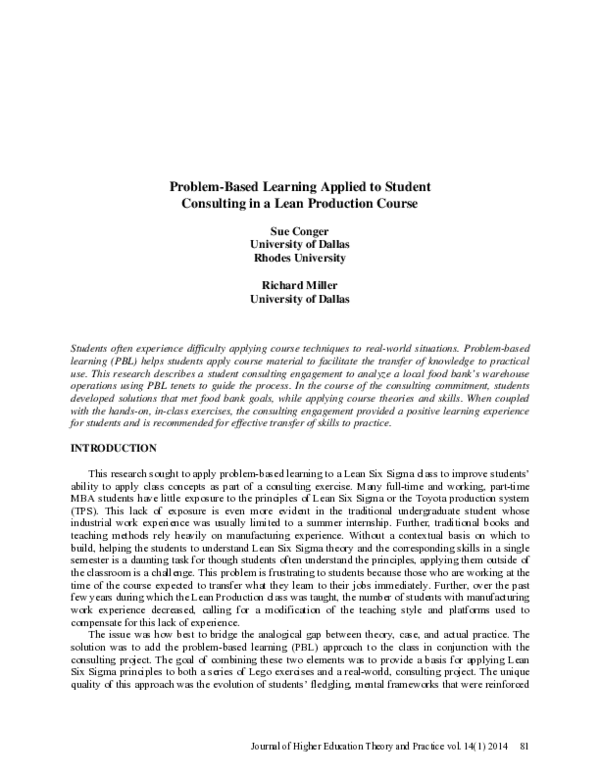 (PDF) Problem-Based Learning Applied to Student Consulting in a Lean Production Course