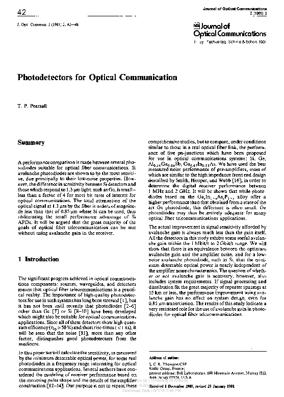 (PDF) Photodetectors for Optical Communication