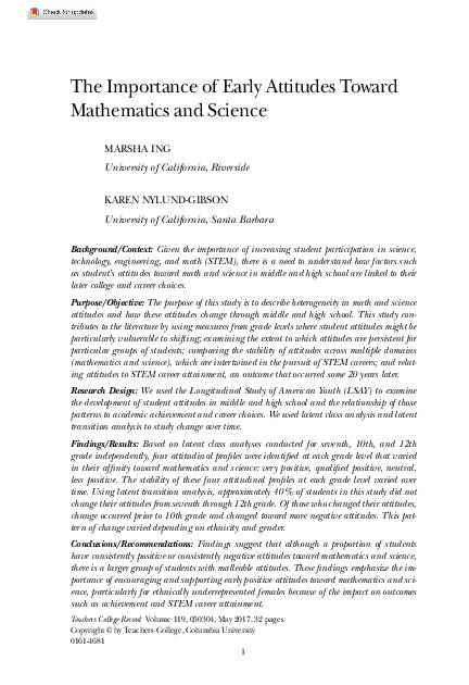 (PDF) The Importance of Early Attitudes toward Mathematics and Science