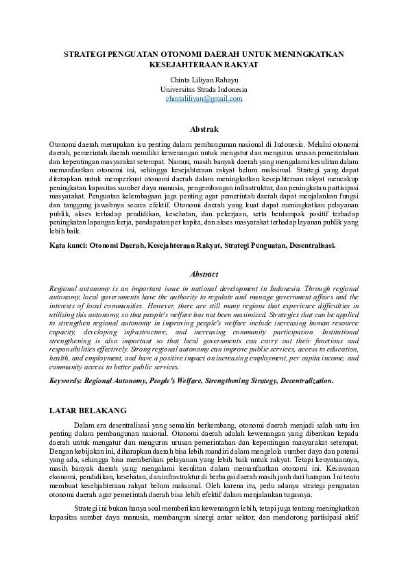 (PDF) STRATEGI PENGUATAN OTONOMI DAERAH UNTUK MENINGKATKAN KESEJAHTERAAN RAKYAT