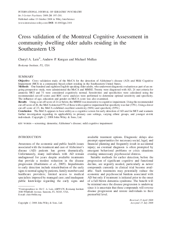 (PDF) Cross validation of the Montreal Cognitive Assessment in ...