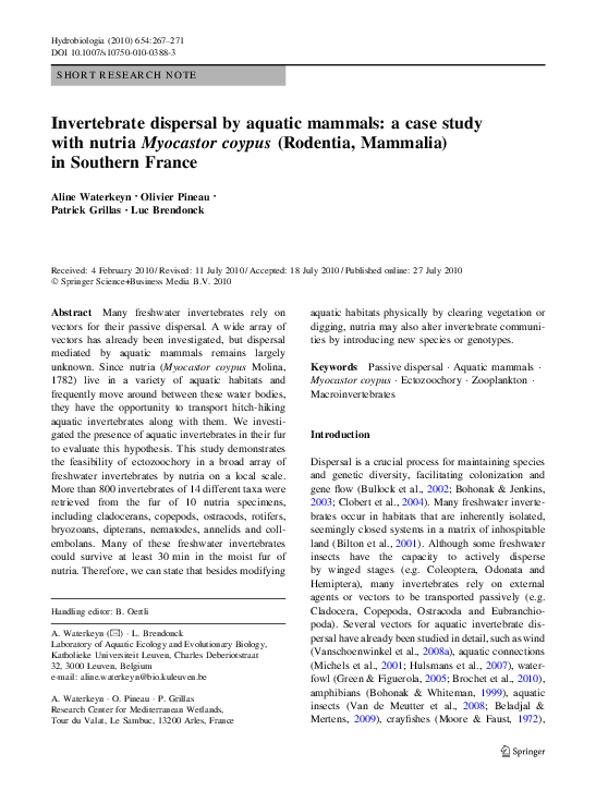 (PDF) Invertebrate dispersal by aquatic mammals: a case study with ...