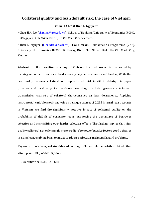 (PDF) Collateral Quality and Loan Default Risk: The Case of Vietnam