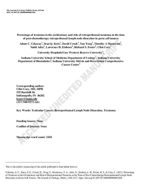 (PDF) Percentage of Teratoma in Orchiectomy and Risk of Retroperitoneal ...