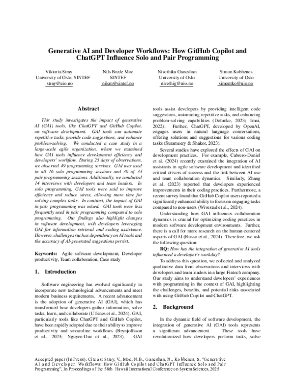(PDF) Generative AI and Developer Workflows: How GitHub Copilot and ChatGPT Influence Solo and ...
