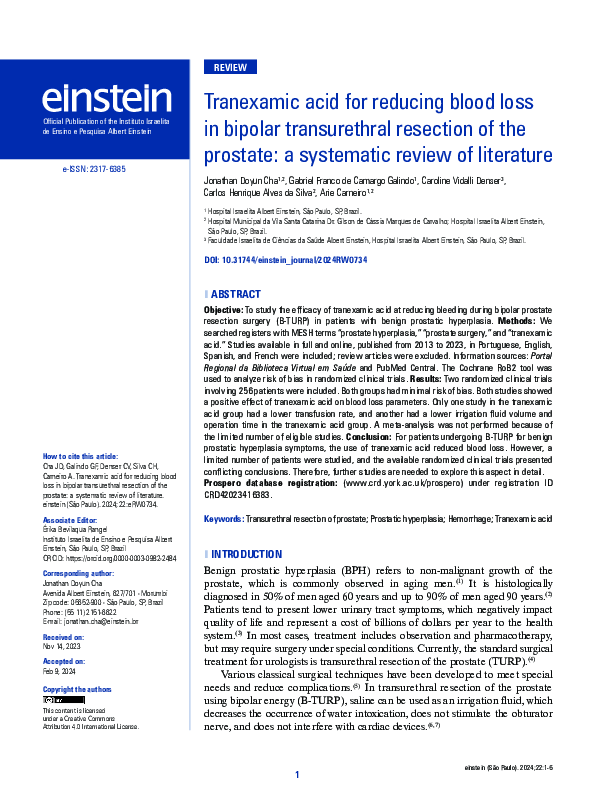 (PDF) Tranexamic acid for reducing blood loss in bipolar transurethral ...