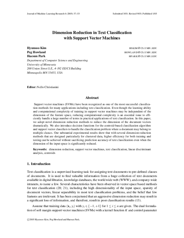 (PDF) Dimension Reduction in Text Classification with Support Vector Machines