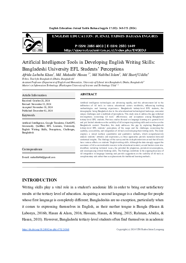 (PDF) Artificial Intelligence Tools in Developing English Writing Skills: Bangladeshi University ...