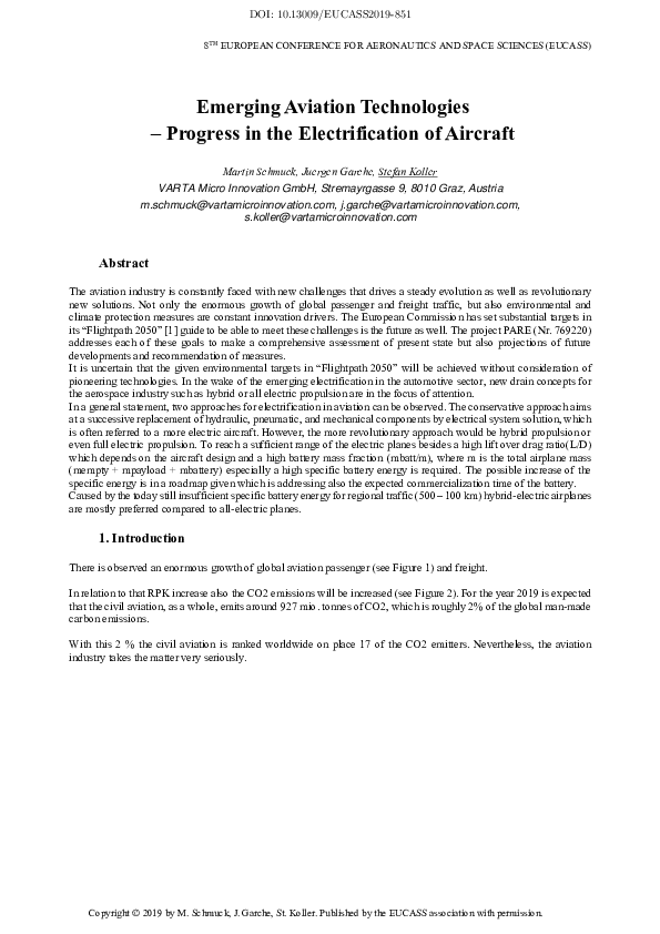 (PDF) Emerging Aviation Technologies Progress in the electrification of ...