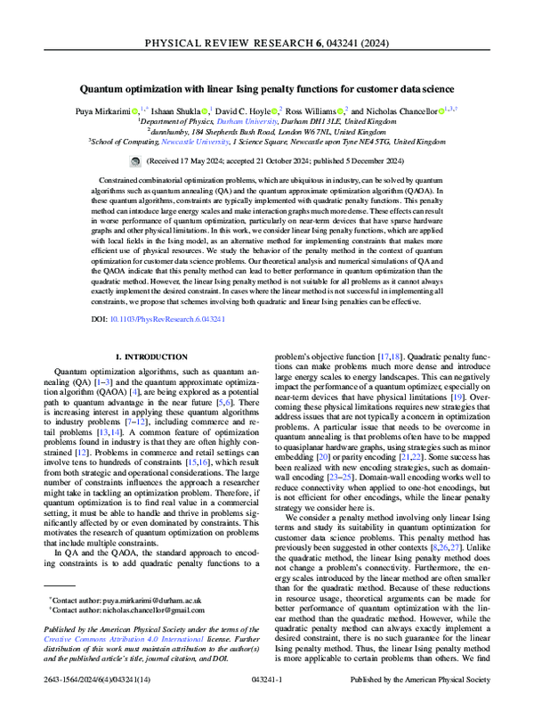 Pdf Quantum Optimization With Linear Ising Penalty Functions For Customer Data Science