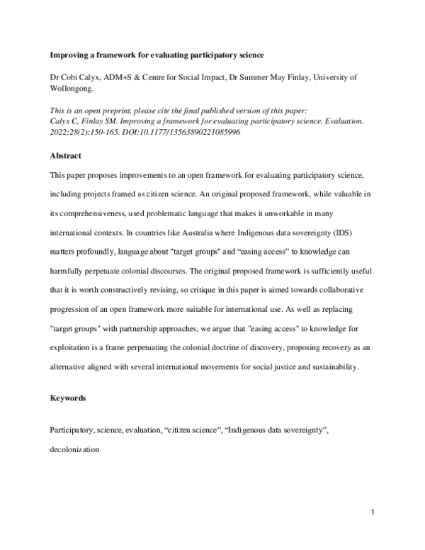 (PDF) Improving a framework for evaluating participatory science
