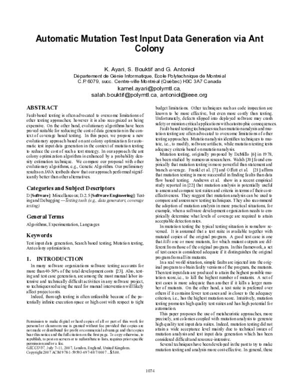 Pdf Automatic Mutation Test Input Data Generation Via Ant Colony