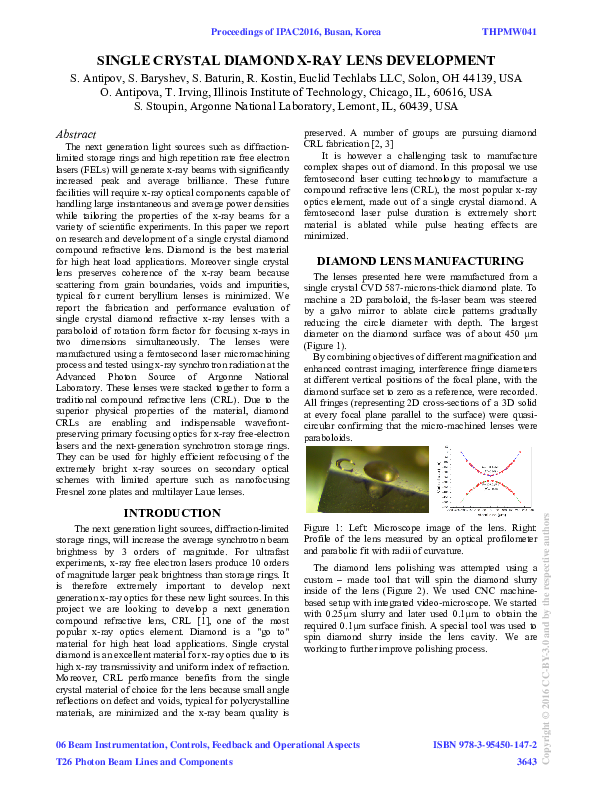 (PDF) Single Crystal Diamond X-ray Lens Development