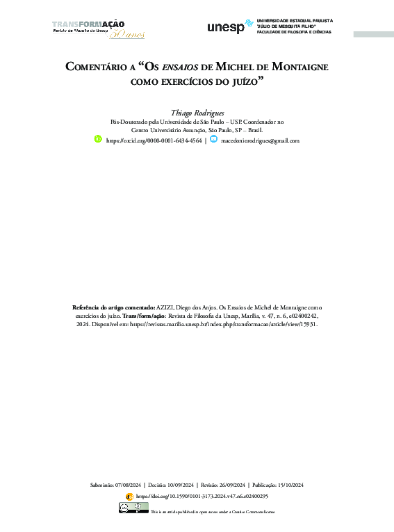 (PDF) Comentário a “Os ensaios de Michel de Montaigne como exercícios do juízo”