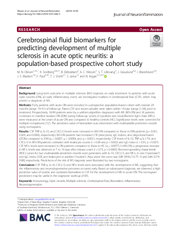 (PDF) Cerebrospinal fluid biomarkers for predicting development of multiple sclerosis in acute ...