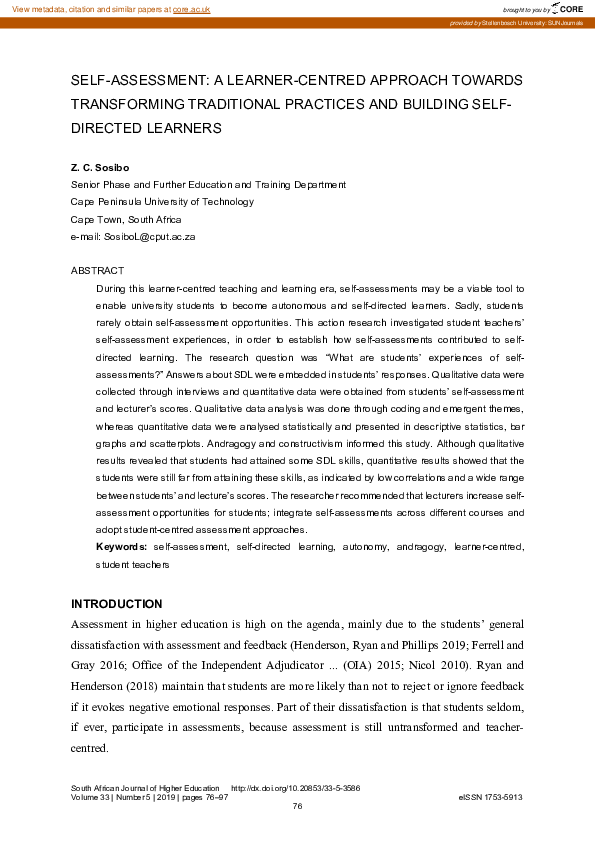 (PDF) Self-assessment: A learner-centred approach towards transforming traditional practices and ...