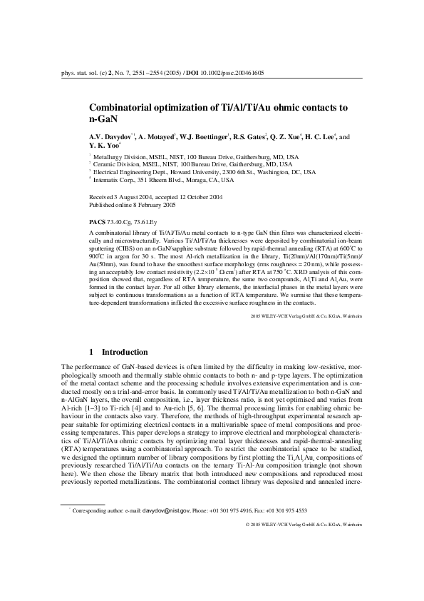 (PDF) Combinatorial optimization of Ti/Al/Ti/Au ohmic contacts to n‐GaN