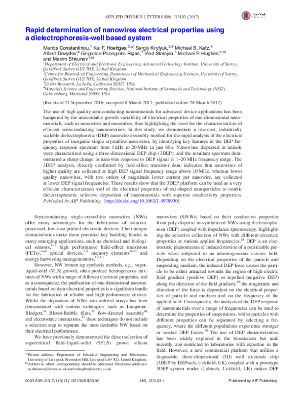 (PDF) Rapid determination of nanowires electrical properties using a dielectrophoresis-well ...