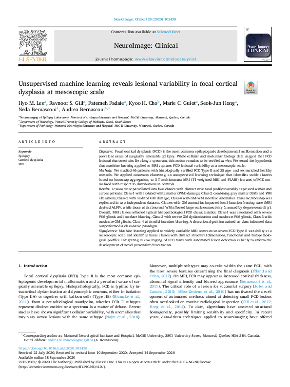 (PDF) Unsupervised machine learning reveals lesional variability in focal cortical dysplasia at ...